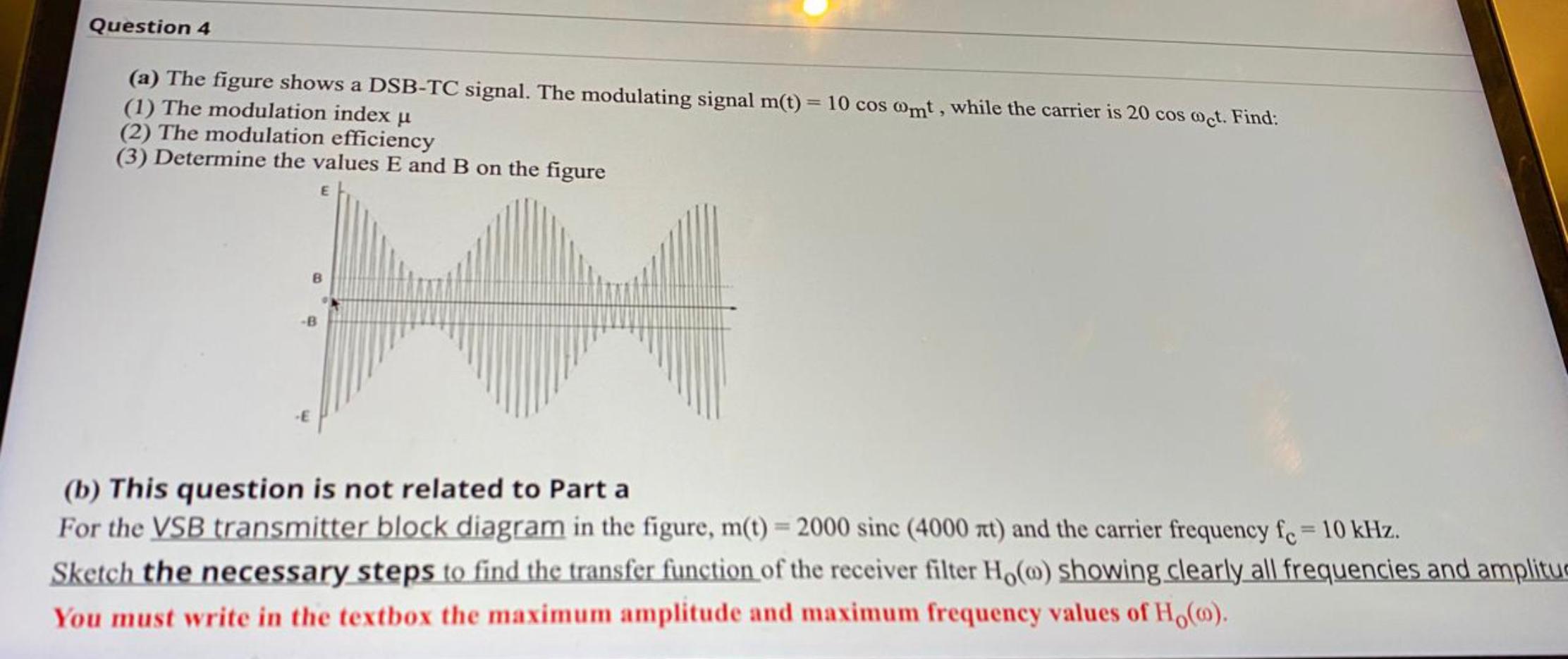 Solved Question 4 (a) The figure shows a DSB-TC signal. The | Chegg.com