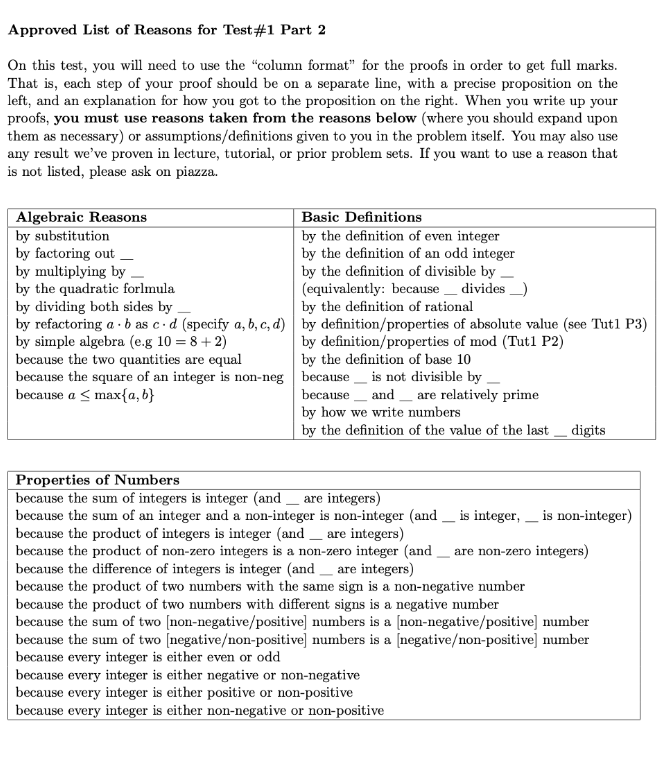 Solved Approved List of Reasons for Test\#1 Part 2 On this | Chegg.com