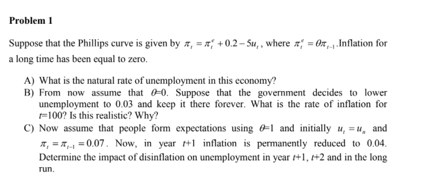 Solved Problem 1 Suppose that the Phillips curve is given by | Chegg.com