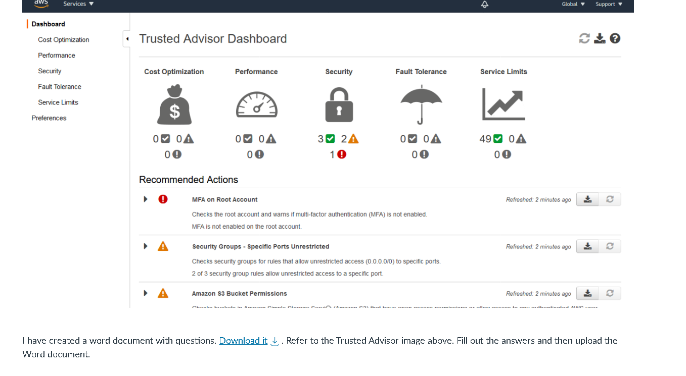 Solved AWS Trusted AdvisorQ5. ﻿﻿From the console, open the | Chegg.com