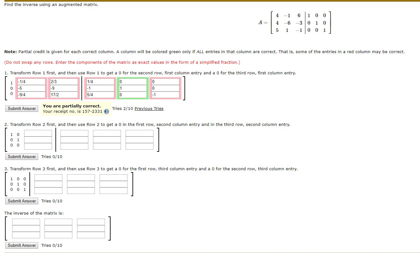 Solved Find The Inverse Using An Augmented Matrix A 4 4 5515