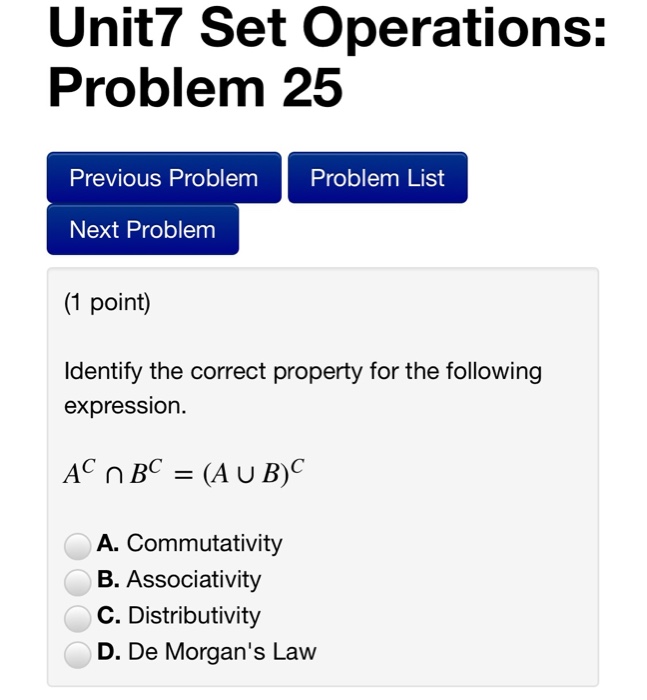 Solved Unit7 Set Operations: Problem 25 Previous Problem | Chegg.com