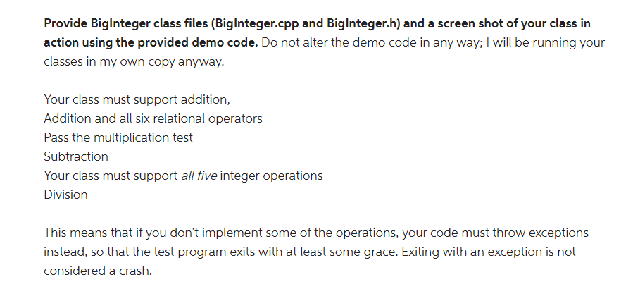 Solved Provide Biglnteger class files (Biglnteger.cpp and | Chegg.com
