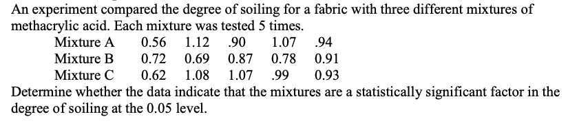 Solved An experiment compared the degree of soiling for a | Chegg.com