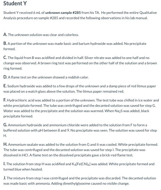 Solved Student Y Student Y received 6 mL of unknown sample | Chegg.com