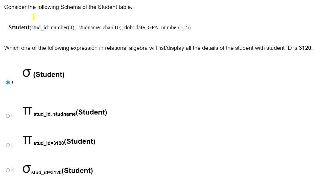 Solved Consider the following Schema of the Student table. | Chegg.com