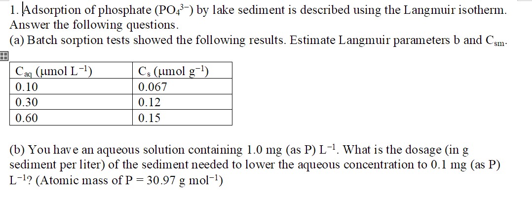 Solved 1 Adsorption Of Phosphate Po43− By Lake Sediment