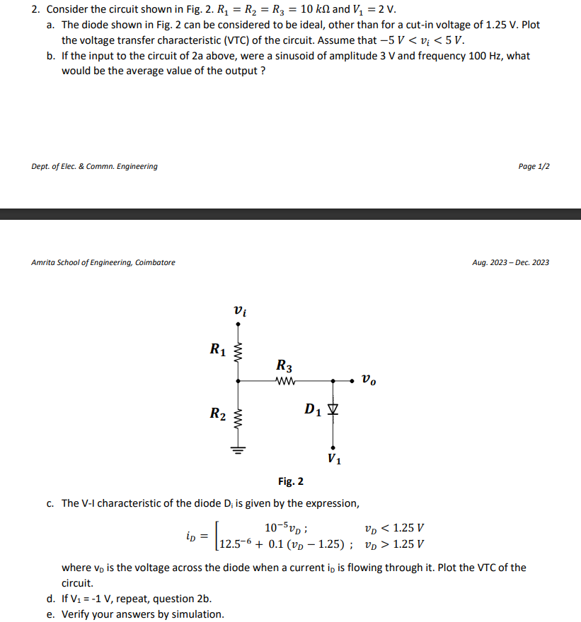 Solved 2. Consider the circuit shown in Fig. 2. \\( | Chegg.com