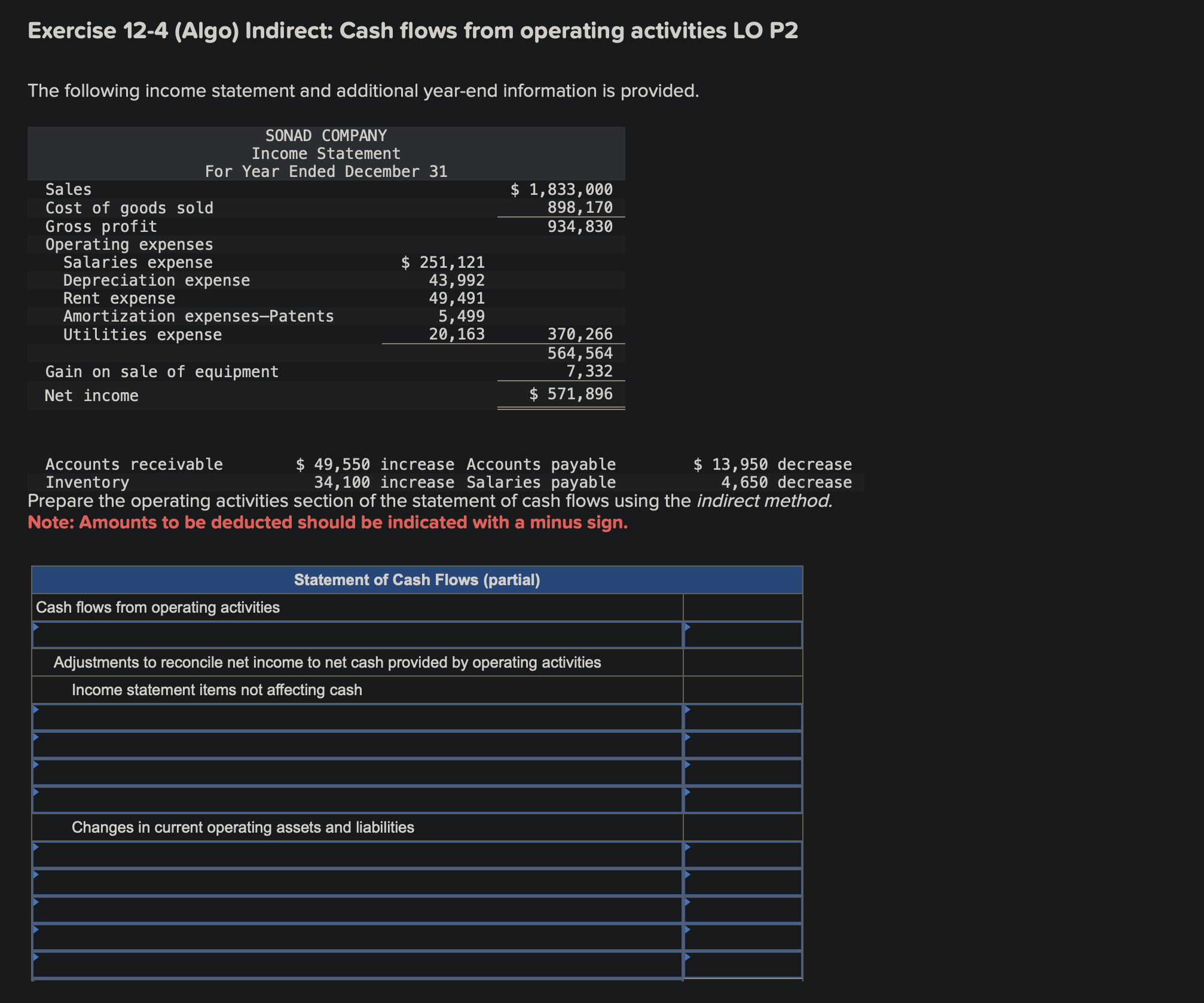 Solved Exercise 12-4 (Algo) Indirect: Cash flows from | Chegg.com