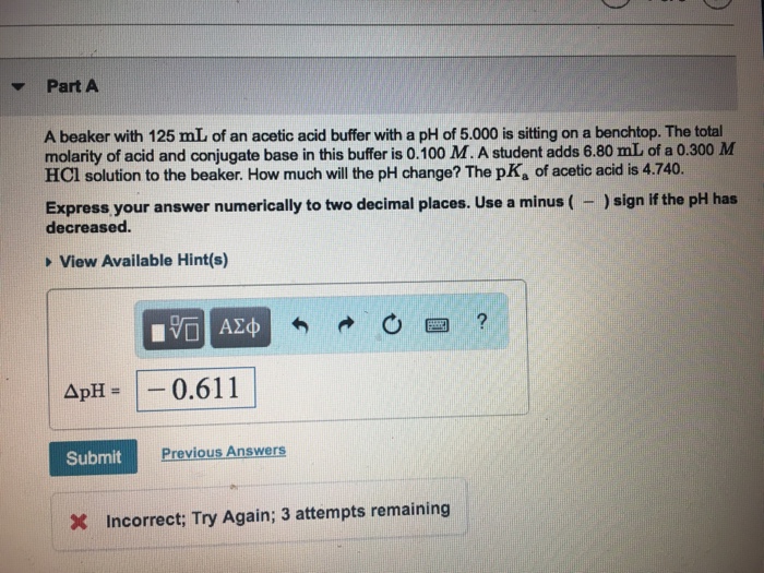 Solved PartA A beaker with 125 mL of an acetic acid buffer | Chegg.com