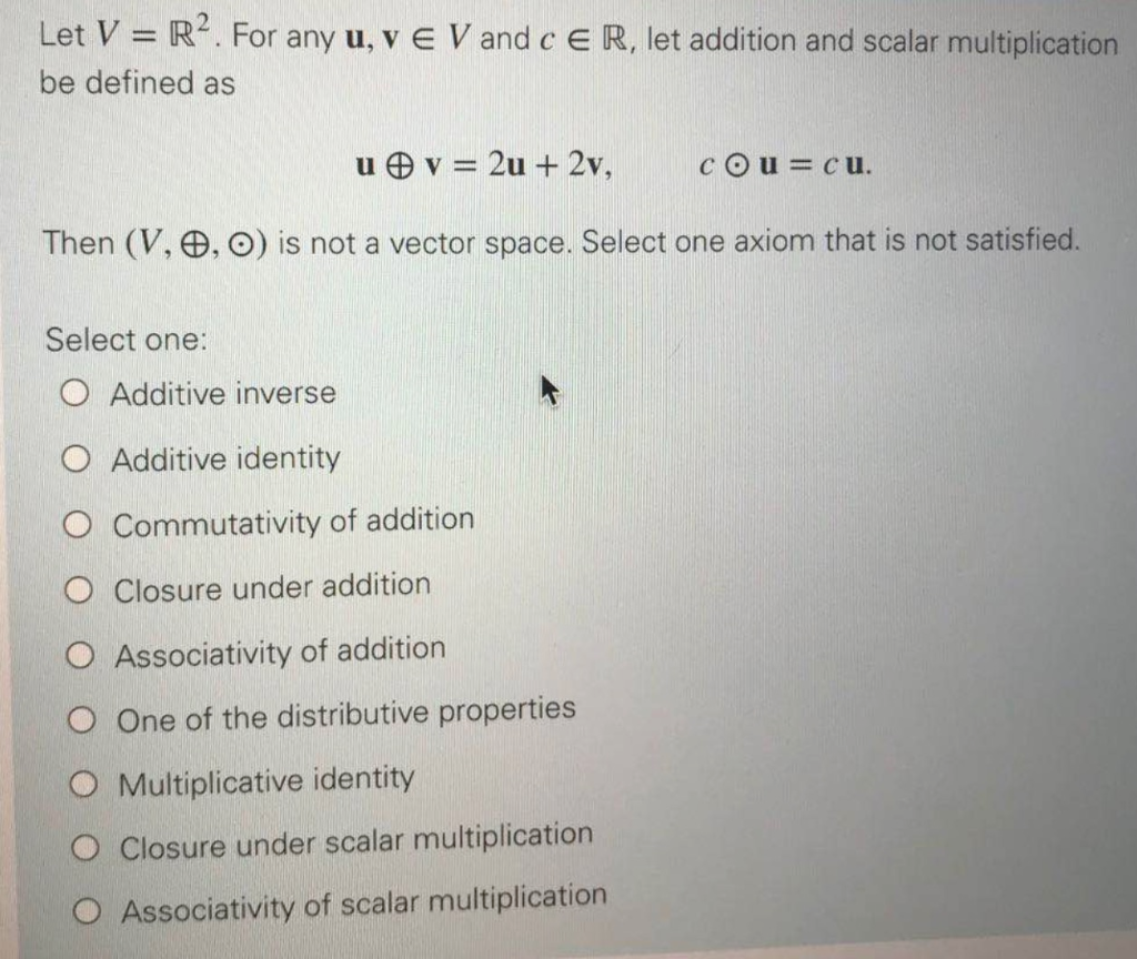 Solved Let V = R2. For any u, v E V and c ER, let addition | Chegg.com