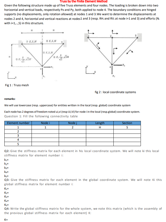 Solved Truss by the Finite Element Method Given the | Chegg.com
