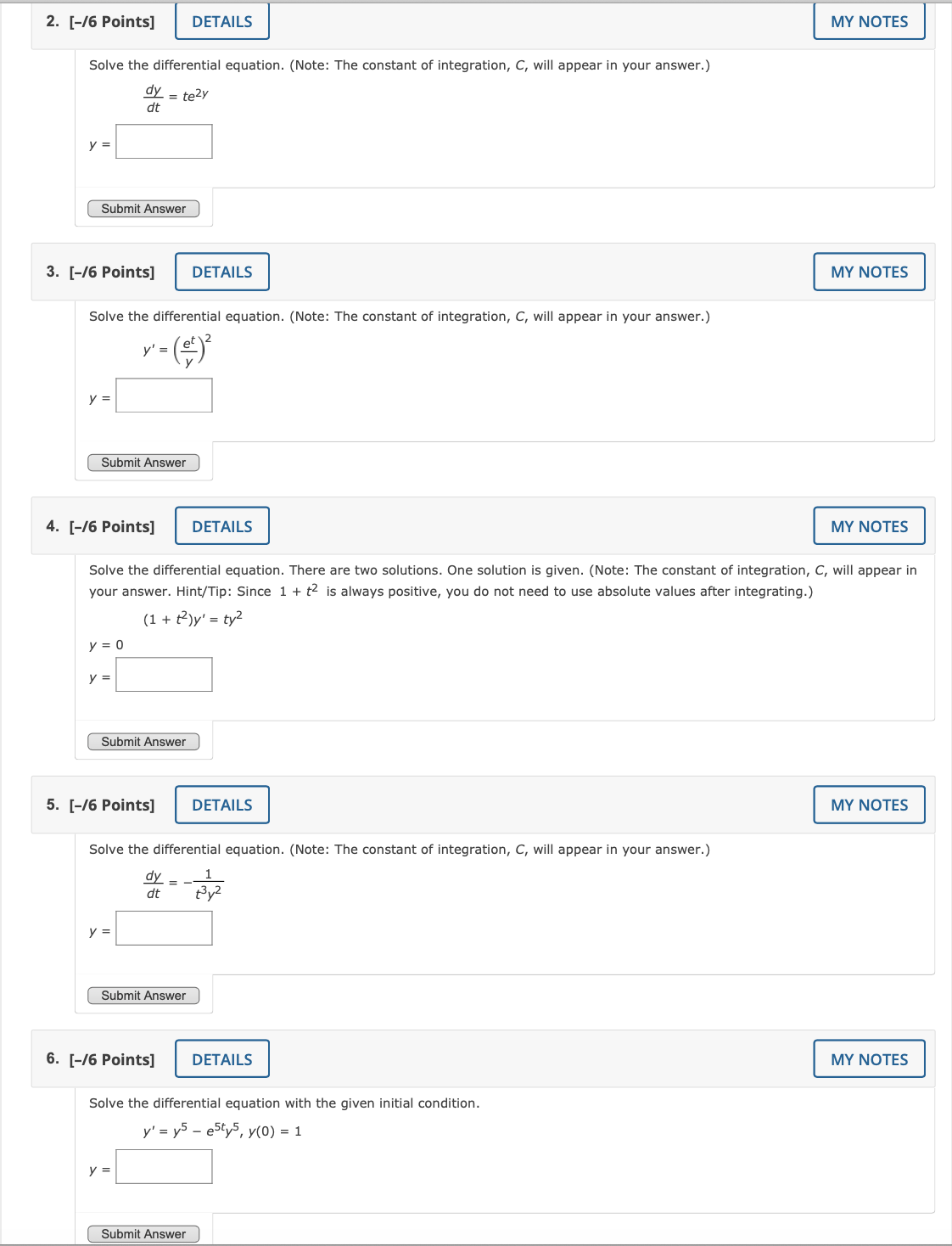 Solved dtdy=te2y y= [-/6 Points] Solve the differential | Chegg.com