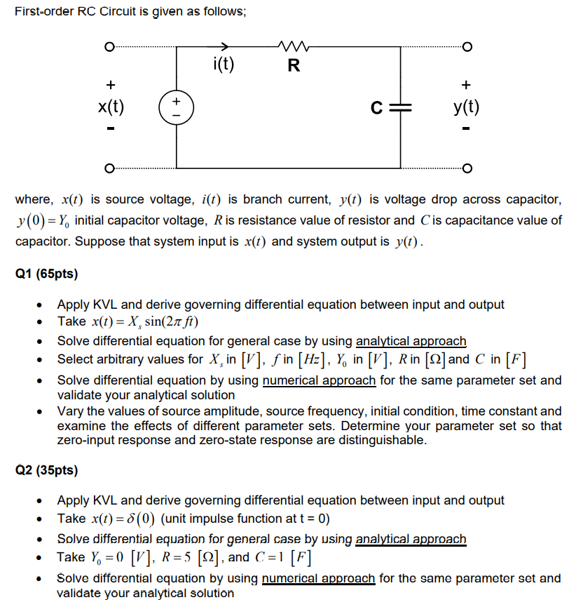 Solved First-order RC Circuit is given as follows; i(t) w R | Chegg.com