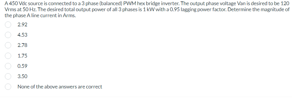 Solved A 450 Vdc source is connected to a 3 phase (balanced) | Chegg.com