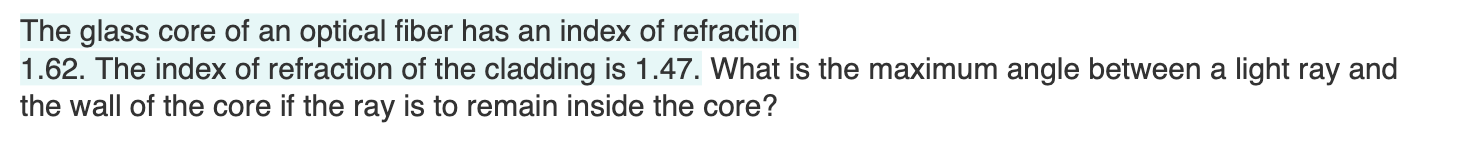 Solved The glass core of an optical fiber has an index of | Chegg.com