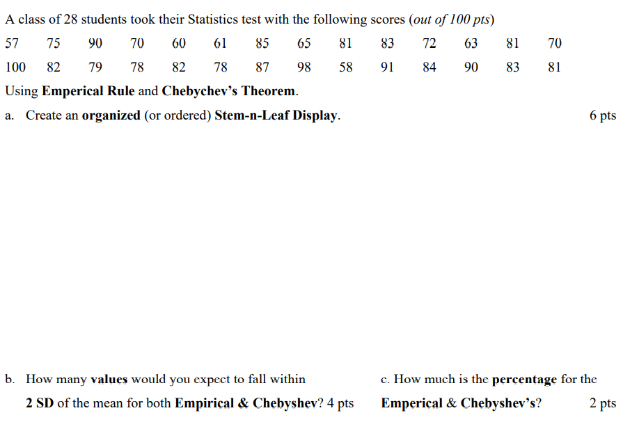Solved 72 81 70 A class of 28 students took their Statistics | Chegg.com
