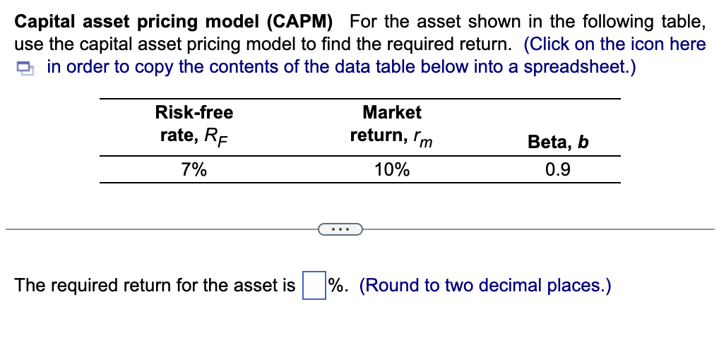 Solved Capital asset pricing model (CAPM) For the asset | Chegg.com