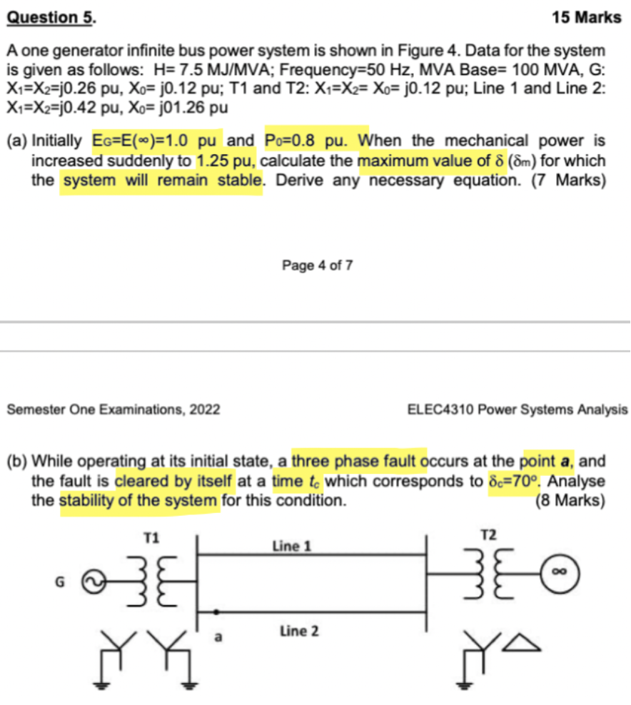 Solved A one generator infinite bus power system is shown in | Chegg.com