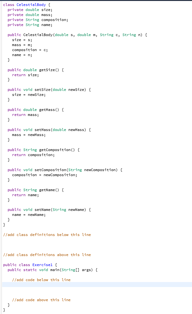 Solved class CelestialBody { private double size; private | Chegg.com