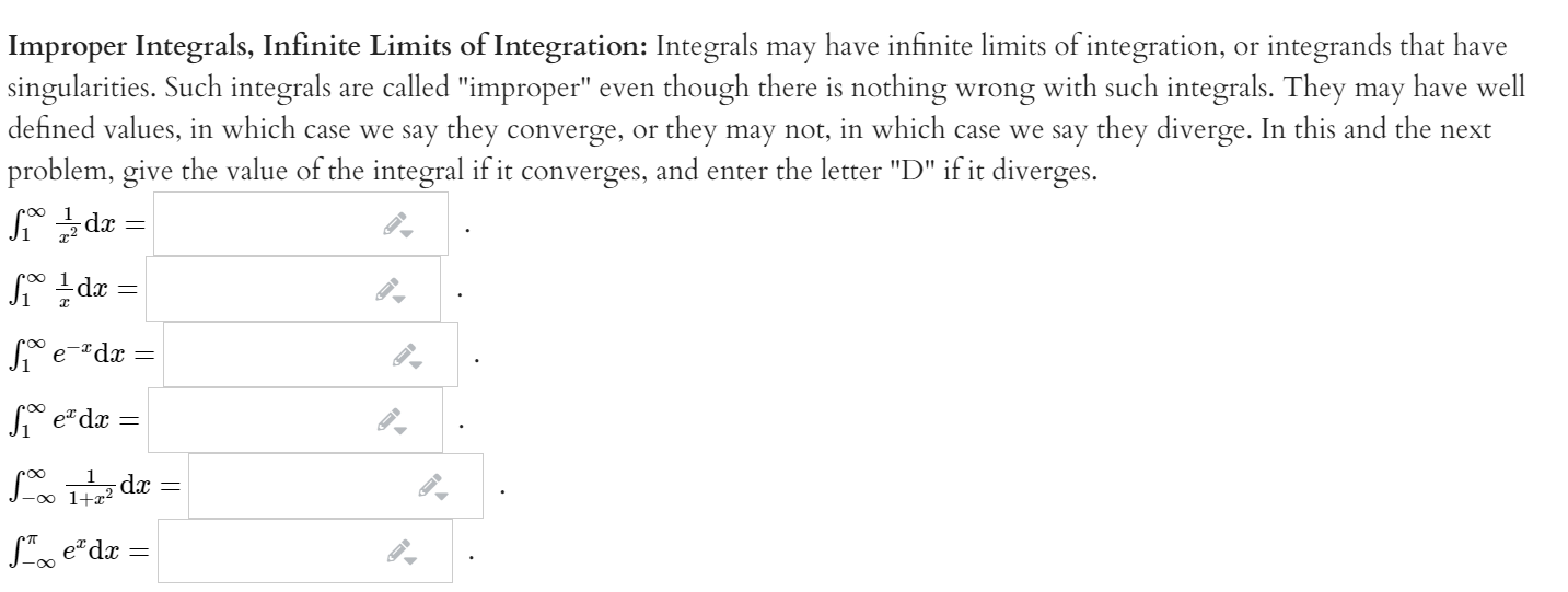 Solved Improper Integrals, Infinite Limits of Integration: | Chegg.com