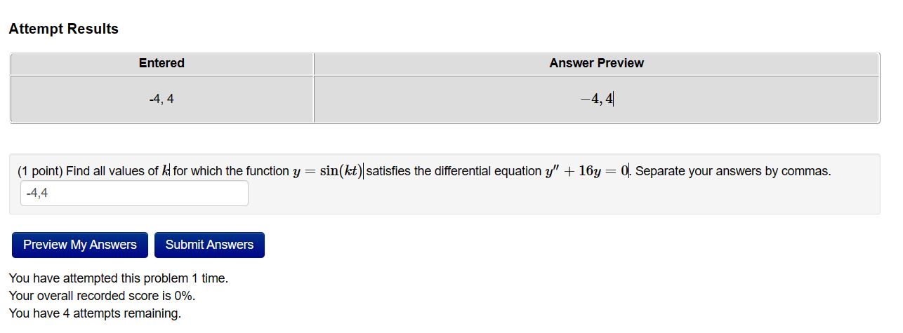 Attempt Results (1 point) Find all values of k for | Chegg.com