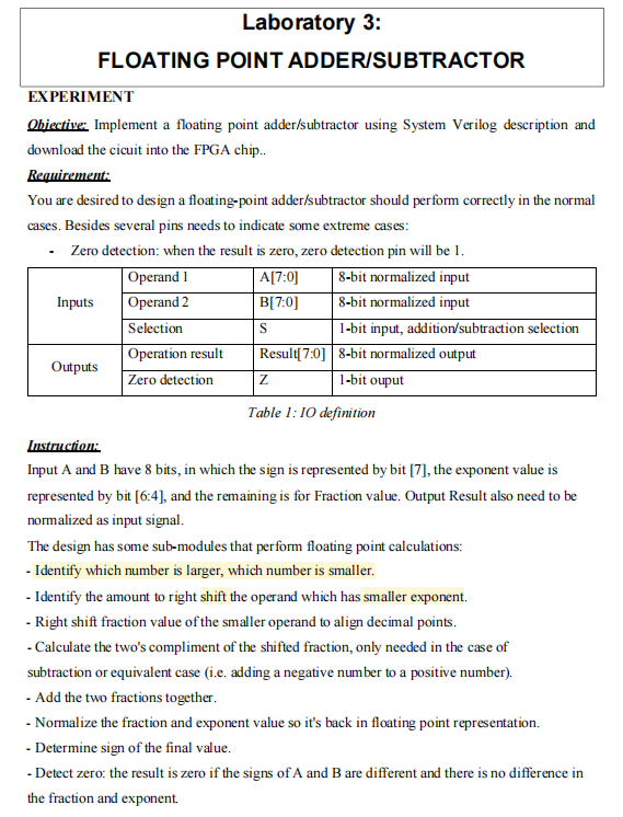 Solved Laboratory 3: FLOATING POINT ADDER/SUBTRACTOR | Chegg.com