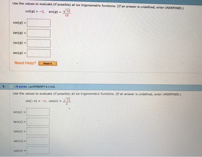 Solved Use the values to evaluate (if possible) all six | Chegg.com