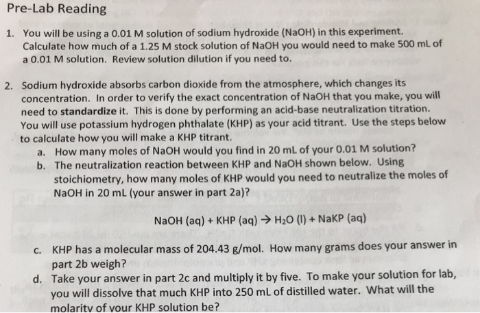 Solved Pre-Lab Reading You will be using a 0.01 M solution | Chegg.com