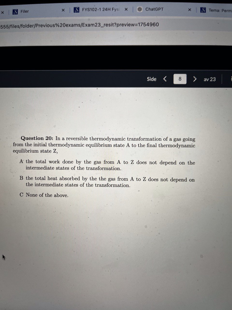 Solved Question 20: In a reversible thermodynamic | Chegg.com