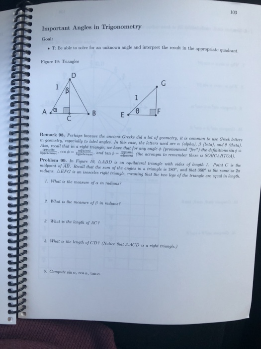 Solved 103 Important Angles in Trigonometry Goal: the result | Chegg.com