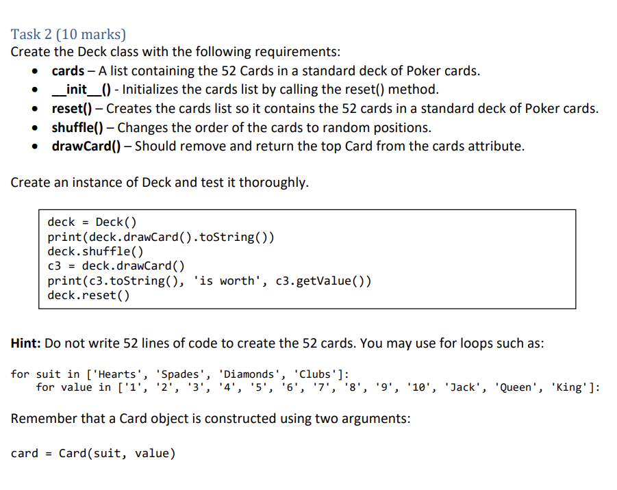 Solved Task 2 (10 marks) Create the Deck class with the | Chegg.com