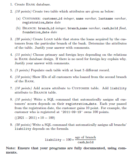 Solved 1. Create BANK database. 2. (10 points) Create two | Chegg.com