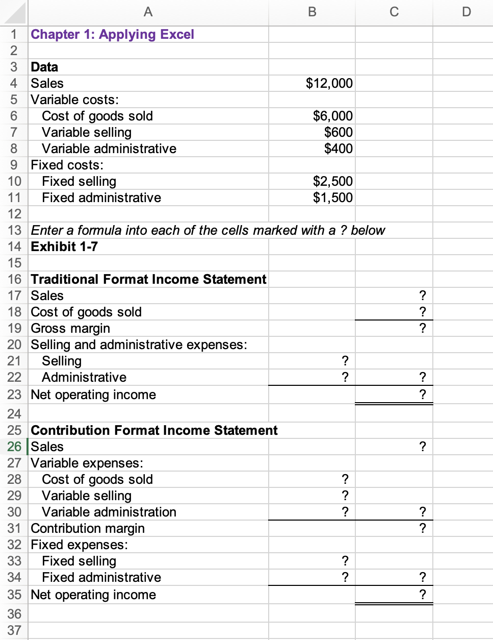 Solved Chapter 1: Applying Excel: Excel Worksheet (Part 1 of | Chegg.com