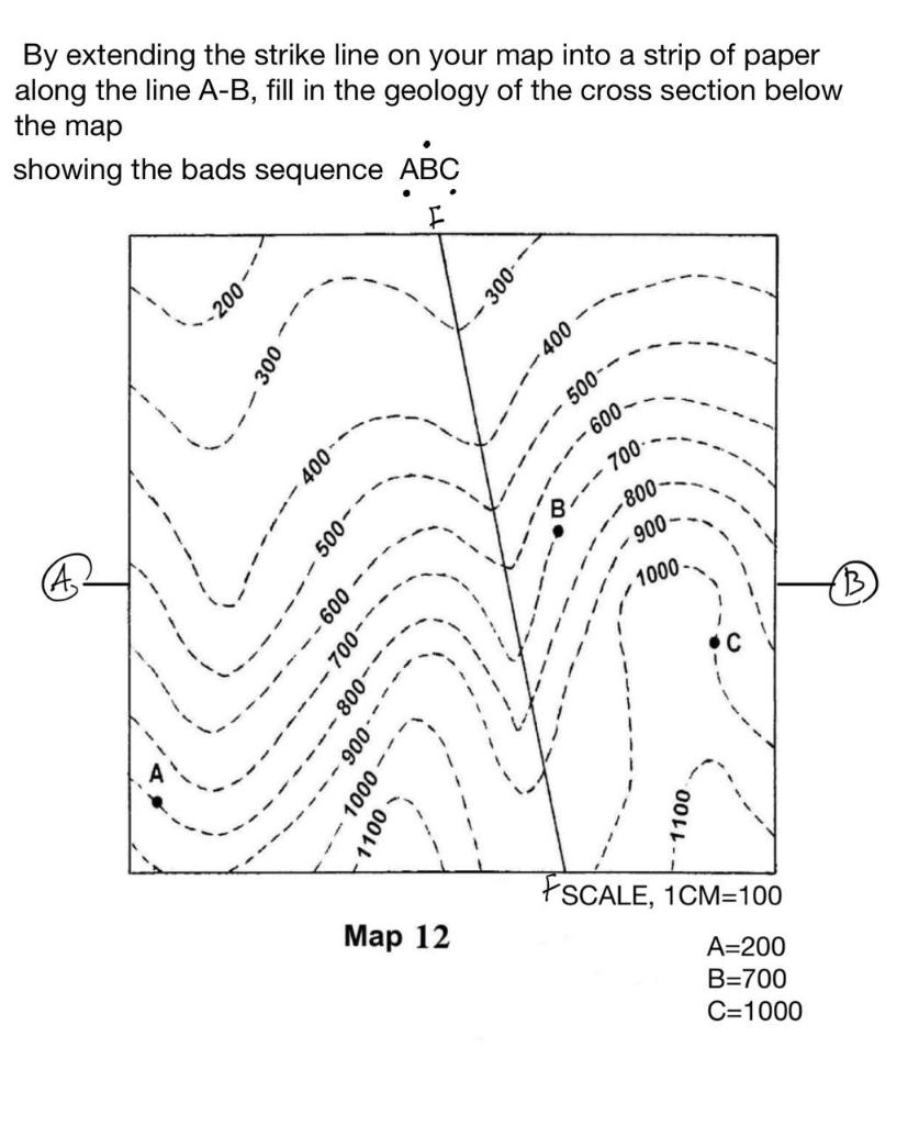 Solved By extending the strike line on your map into a strip | Chegg.com