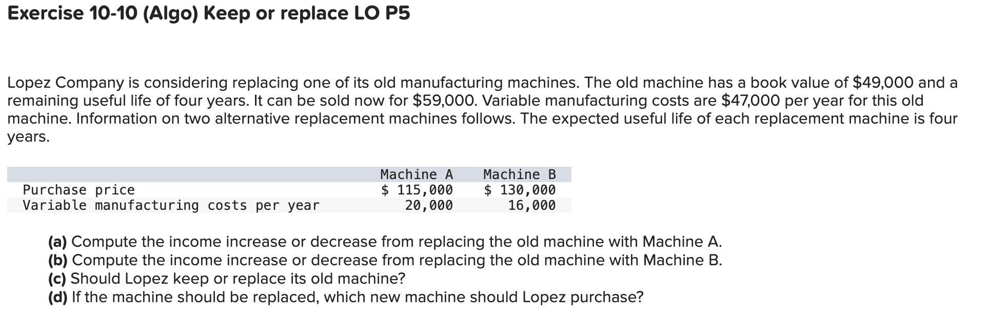 Solved Exercise 10-10 (Algo) ﻿Keep or replace LO P5Lopez | Chegg.com