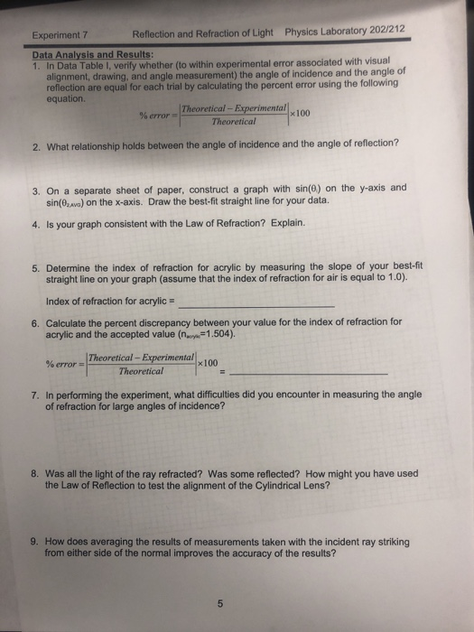 Solved Experiment 7 Reflection and Refraction of Light | Chegg.com