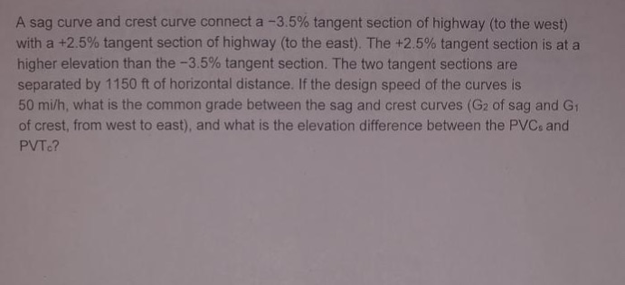 Solved A sag curve and crest curve connect a -3.5% tangent | Chegg.com