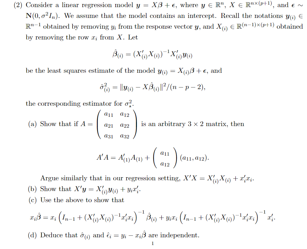 Solved (2) Consider a linear regression model y = XB+€, | Chegg.com