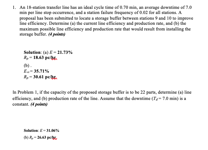 Solved 1. An 18-station transfer line has an ideal cycle | Chegg.com