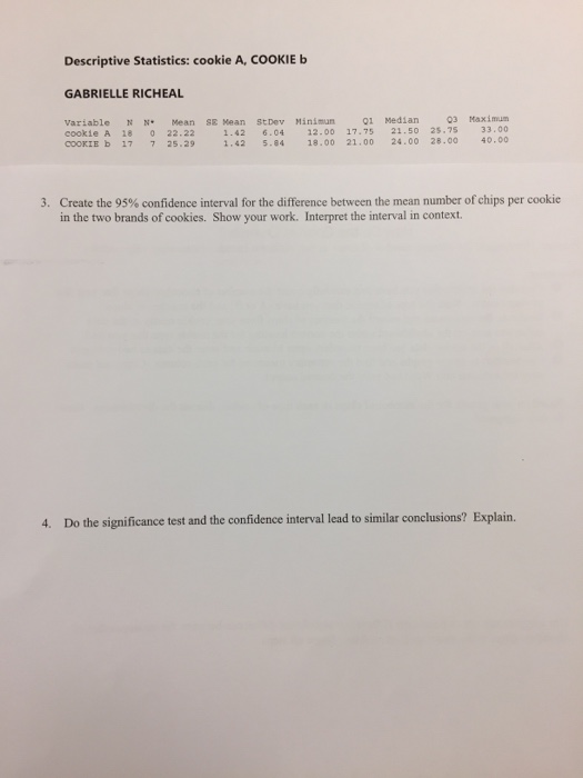 Solved Descriptive Statistics: cookie A, COOKIEb GABRIELLE | Chegg.com