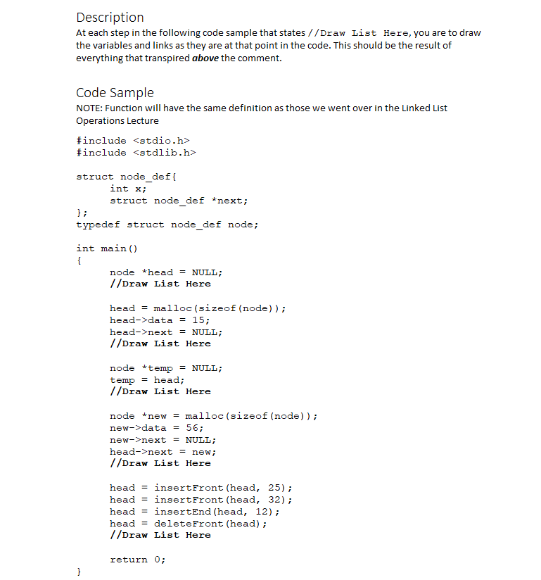 Solved Description At each step in the following code sample | Chegg.com