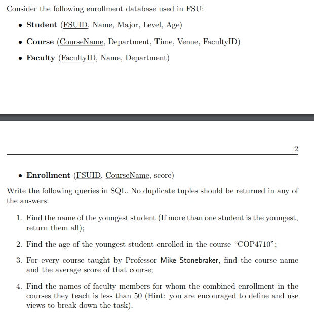 Solved Consider the following enrollment database used in | Chegg.com