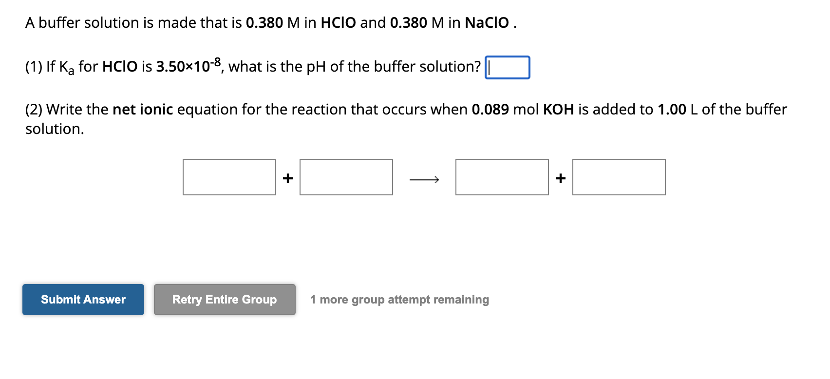 Solved A buffer solution is made that is 0.380 M in HClO and | Chegg.com