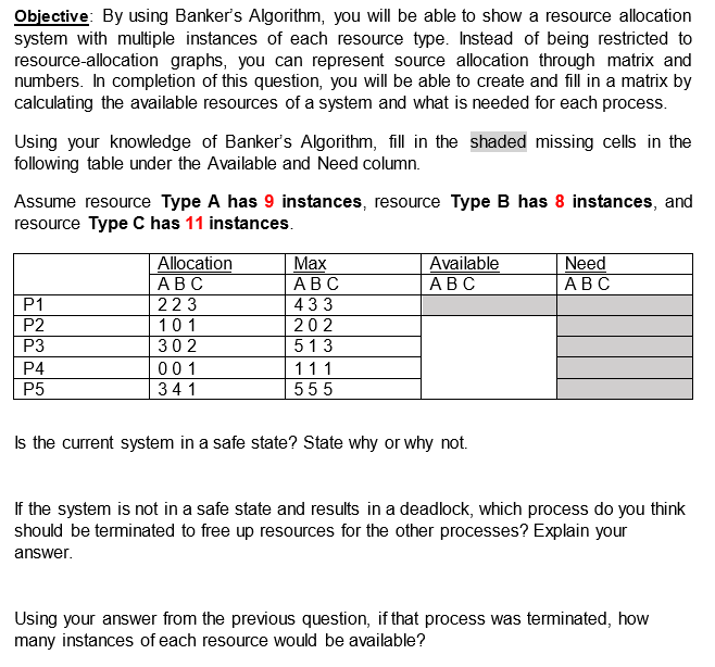 Solved Objective: By using Banker's Algorithm, you will be | Chegg.com