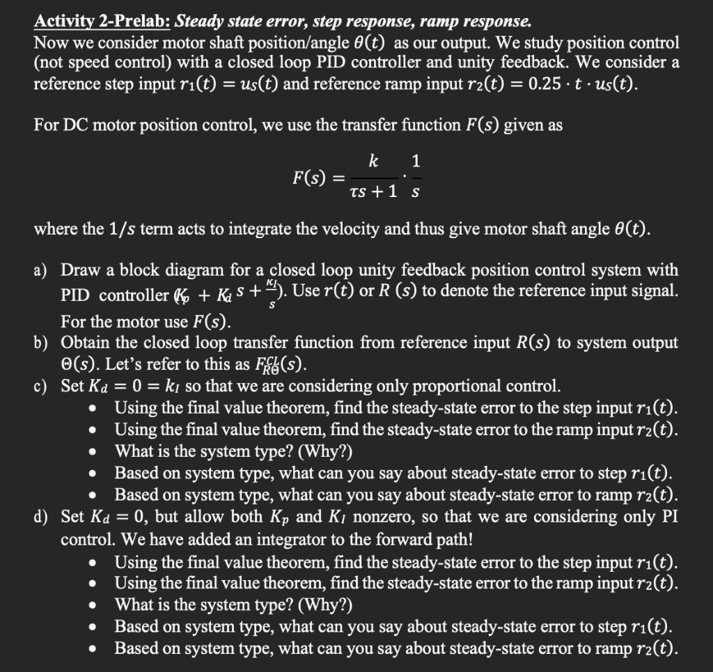 Solved Activity 2-Prelab: Steady state error, step response, | Chegg.com