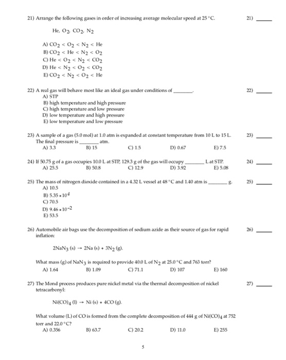 Solved 21) Arrange the following gases in order of | Chegg.com