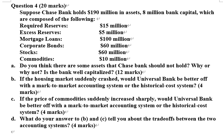 Solved Question 4 (20 marks) Suppose Chase Bank holds $190 | Chegg.com Solved Question 4 (20 marks) Suppose Chase Bank holds $190 | Chegg.com