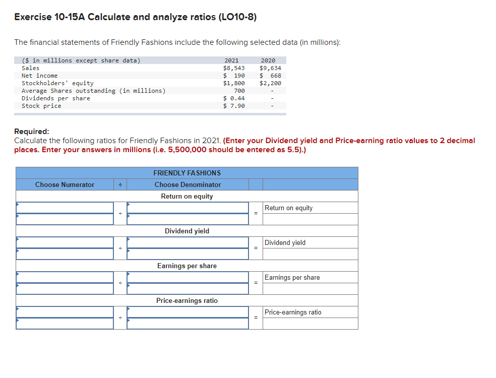 Solved Exercise 10-15A Calculate and analyze ratios (LO10-8) | Chegg.com