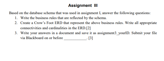 Assignment III Based on the database schema that was | Chegg.com